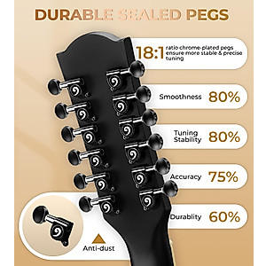 Vangoa 12 String Guitar Acoustic Electric, Upgraded Guitar 12 Strings Bundle for Beginner Intermediate Adults Teens, Guitarra de 12 Cuerdas, Spruce Top Bone Nut, Black, Matte