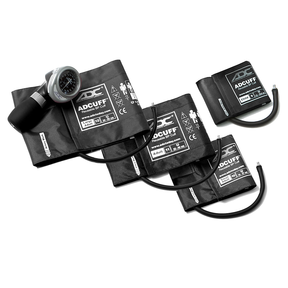 ADC - 732-BK Multikuf 732 4-Cuff EMT Kit with 804 Portable Palm Aneroid Sphygmomanometer, Child, Small Adult, Adult and Large Adult Blood Pressure Cuffs (13-50 cm), Nylon Zipper Storage Case, Black