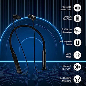 Conchpeople Neckband Bluetooth Headphones Wireless in-Ear Extra Bass Headet with Mic, V5.1 Bluetooth Earbuds 24H Playtime, 10 mm Drivers, IPX7 Waterproof for for Phone Call Music Sports (Black)
