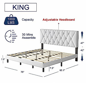 Molblly King Size Bed Frame with Adjustable Headboard, Linen Fabric Wrap, Strong Frame and Wooden Slats Support, No Box Spring Needed, Non-Slip and Noiseless, Easy Assembly, Off-White