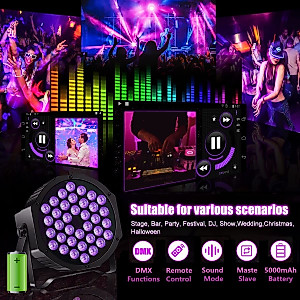 U`King Rechargeable Black Lights for Glow Party Halloween Battery Powered Portable Black Light DMX Sound Activated Control 36 LED UV Wireless Uplights for Glow in The Dark Parties DJ Disco Events Bar