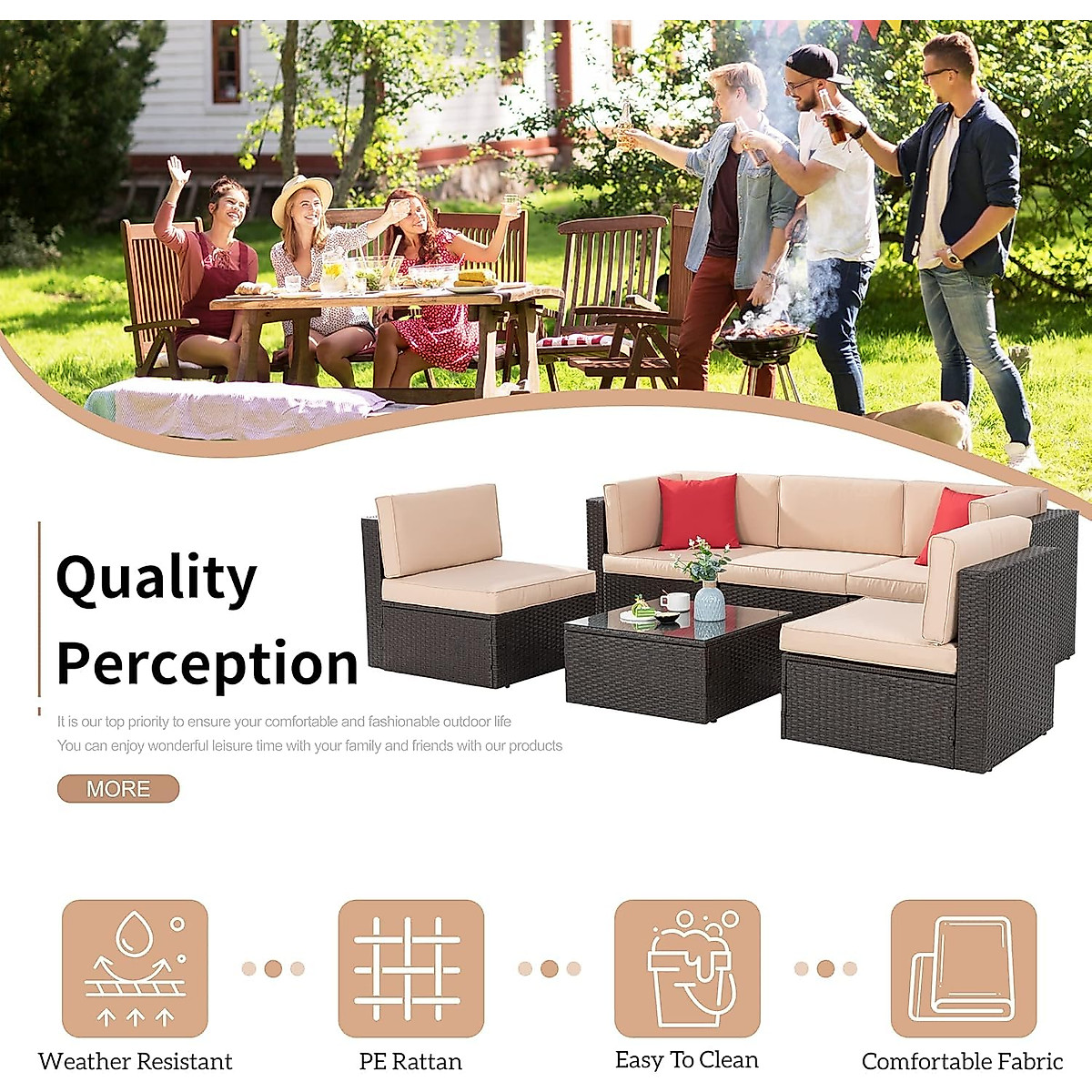 Shintenchi 6 Pieces Patio Furniture Sets Outdoor All-Weather Sectional Patio Sofa Set PE Rattan Manual Weaving Wicker Patio Conversation Set with Glass Table&Ottoman Cushion and Red Pillows, Neutral