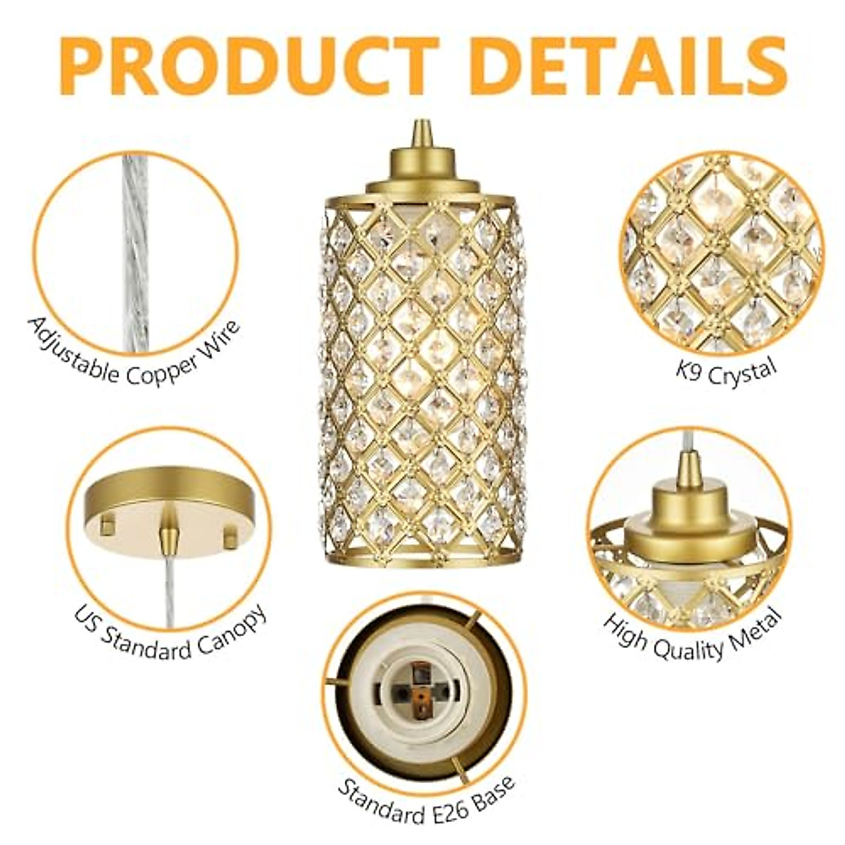 Niloah Gold Pendant Lights Kitchen Island, 1-Light Mini Single Gold Pendant Light, Adjustable Crystal Pendant Light, Kitchen Island Pendant Lighting