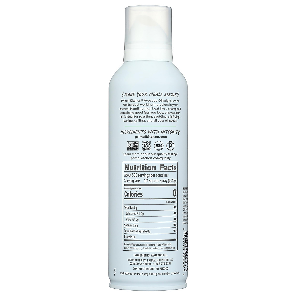 Primal Kitchen Avocado Oil Spray, Whole 30 Approved & Cold Pressed, 1 Can - 4.7 Ounce