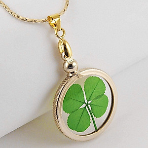 Clovers Online Good Luck Preserved Four Leaf Clover Gold Charm Pendant Necklace