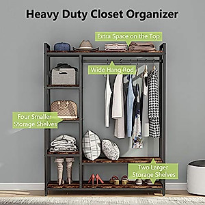 LITTLE TREE Free-standing Closet Organizer, Heavy Duty Clothes Closet, Portable Garment Rack with 6 Shelves and Hanging rod, Black Metal Frame&Rustic Board Finish