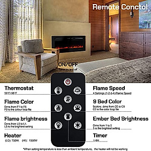 Uthfy 50" Electric Fireplace,1500W Recessed & Wall Mounted Fireplace Heater & Linear Fireplace,6 Flame Colors & 9 Ember Bed Colors,Remote Control,8H Timer,Adjustable Thermostat, Black (HY-HW50)