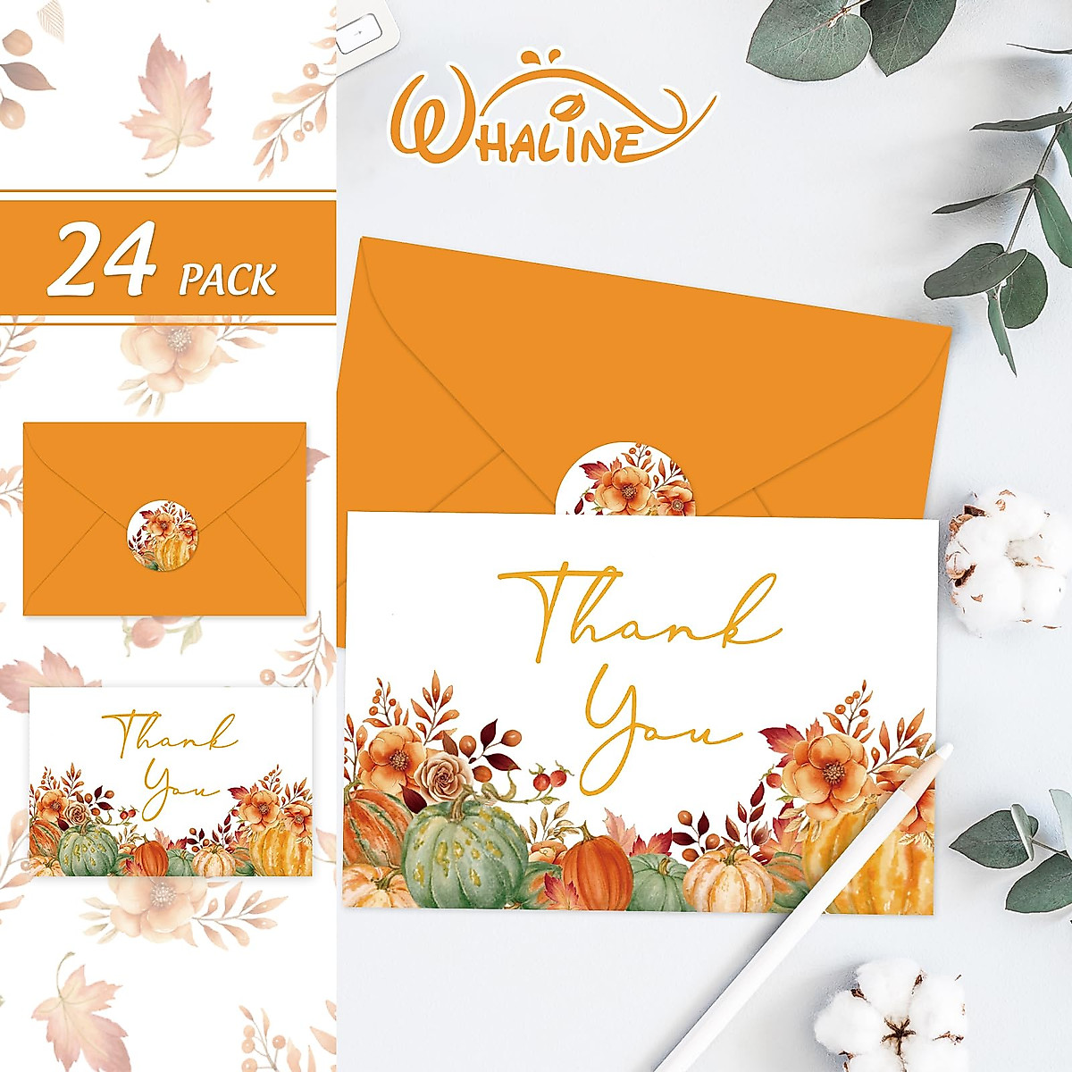 Whaline 24 Pack Fall Thank You Cards Bulk Watercolor Orange Green Pumpkin Greeting Cards with Envelopes Stickers Blank Note Cards for Autumn Party Supplies, 4 x 6 Inch