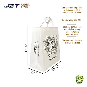 JET PAPER BAGS 13.5”x7.7”x15.5” (50 Pcs) Non-woven Reusable White Bags - Thank You printed in all languages - Recyclable Bags