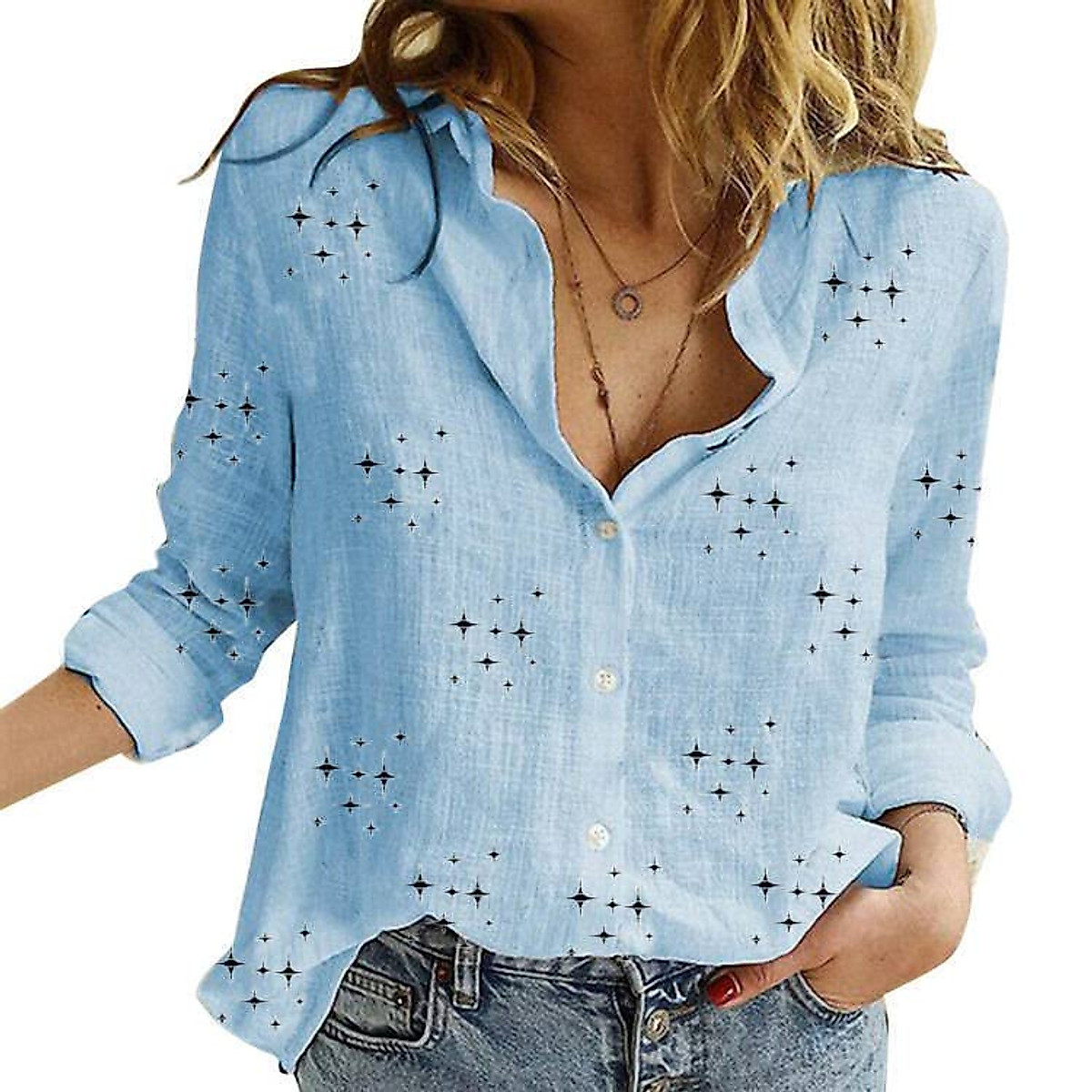 prime big deal days Summer Tops for Women 2023 Casual Long Sleeve Linen Button Down Shirts Plus Size Collared Business Casual Work Blouses Long Sleeve Tunic Tops for Women Blue XL