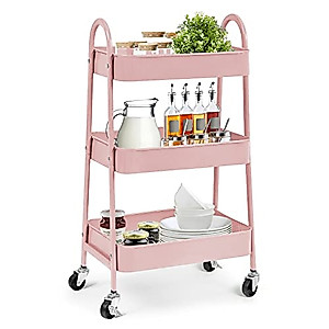 LEZIOA 3 Tier Metal Rolling Cart, Multipurpose Compact Storage Cart with Wheels, Easy to Assemble & Move, Suitable for Kitchen Office Bathroom Classroom (Pink)