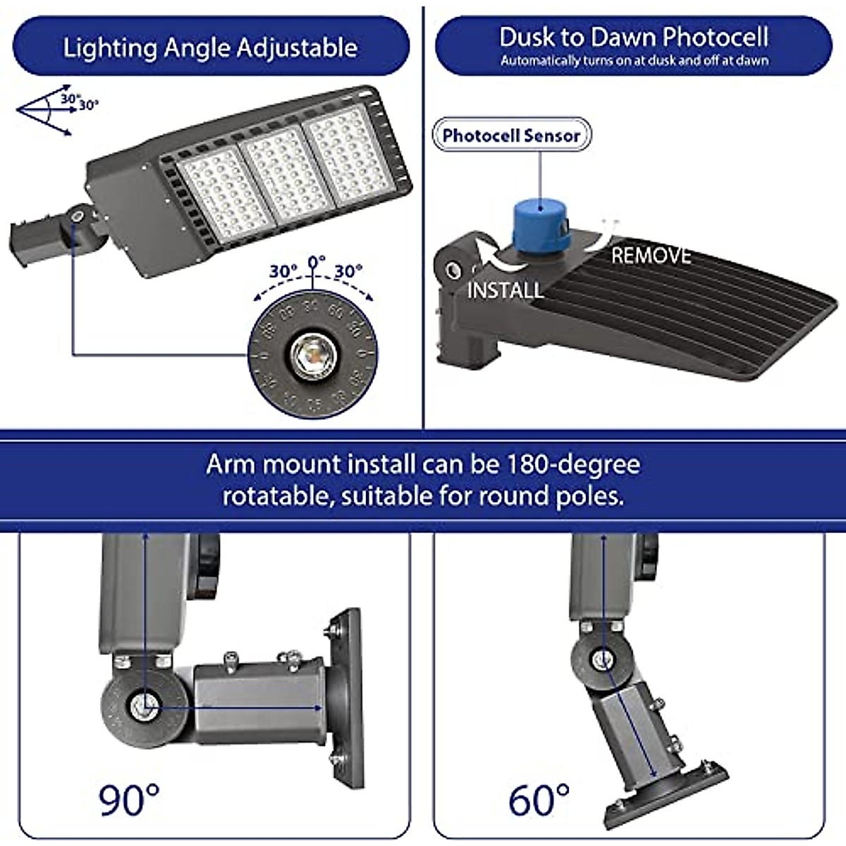 KCCCT LED Parking Lot Lights New 300W with Automatic Adjustable Dusk-to-Dawn Photocell Outdoor LED Shoebox Pole Light 39000LM 5000K LED Commercial Light IP65 100-277V ETL&DLC (Slip Fit,with Photocell)