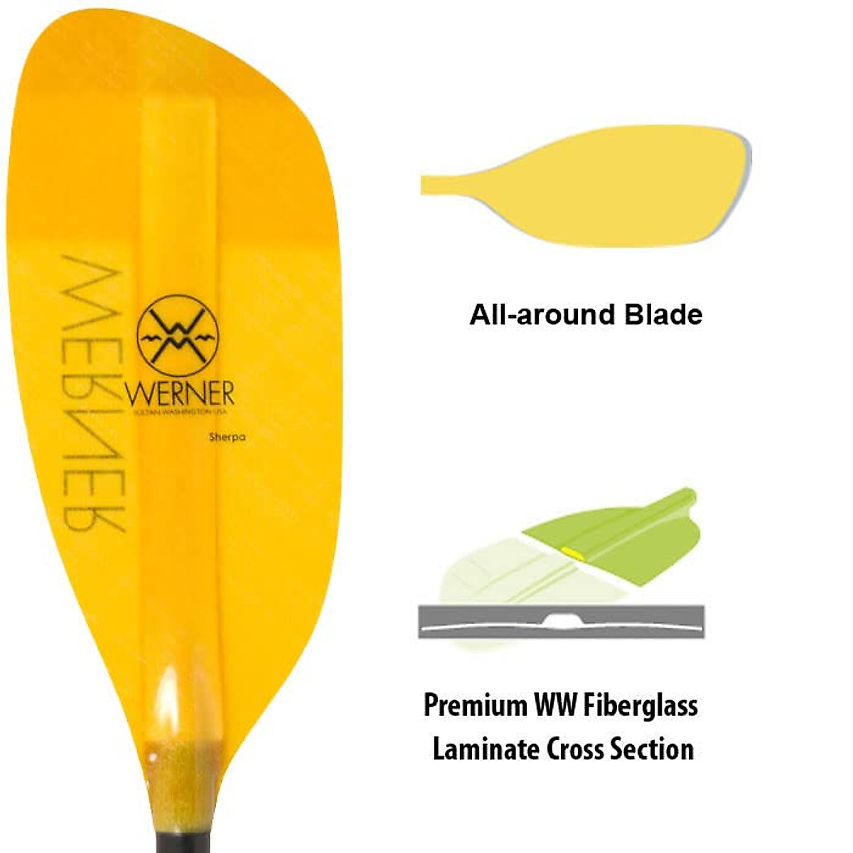 Werner Sherpa Fiberglass Bent Shaft Whitewater Kayak Paddle-197cm-Amber