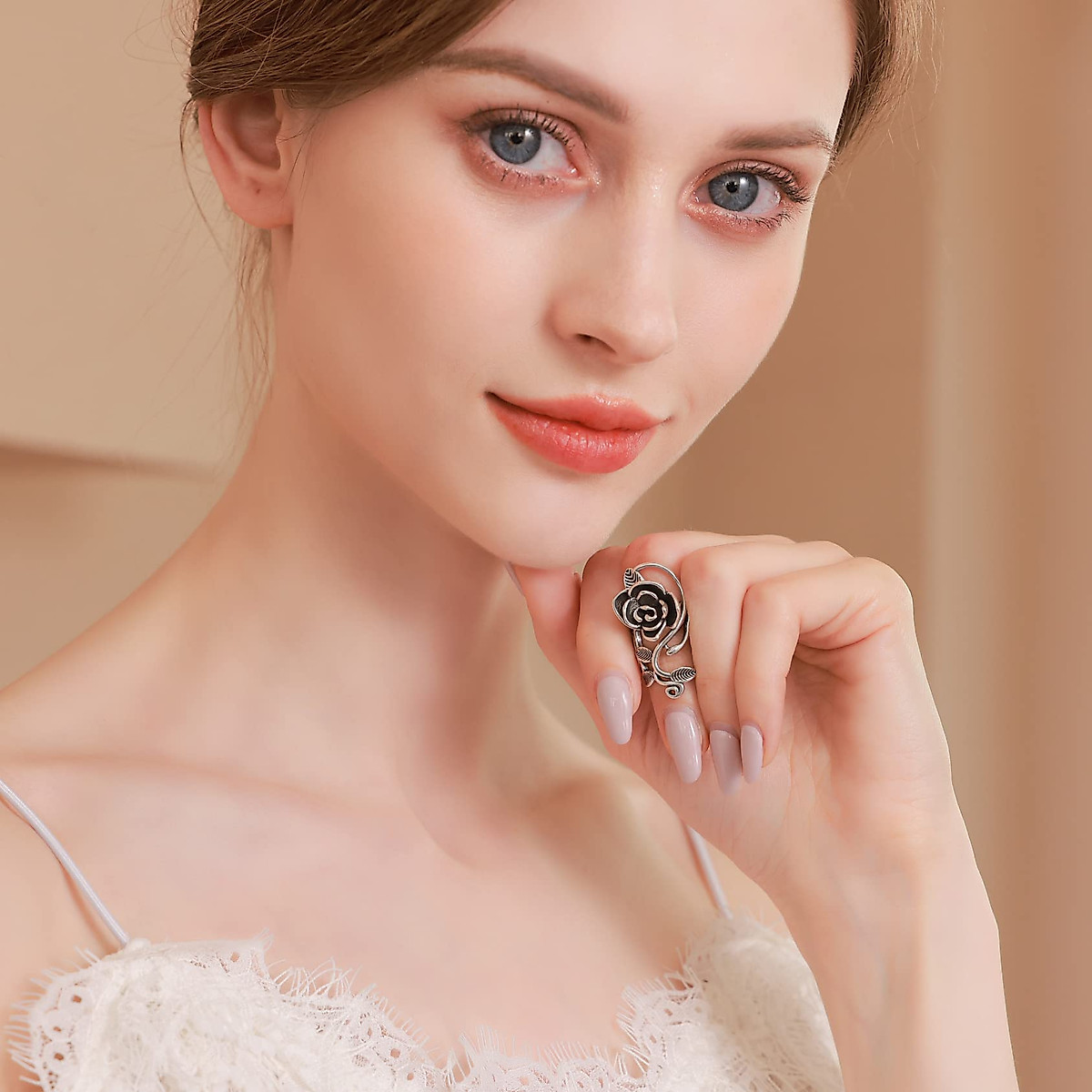 OAYAO Flower Sterling Silver Rings For Women Adjustable Handmade Long Finger Rings (With Gift Box) Gifts For Women