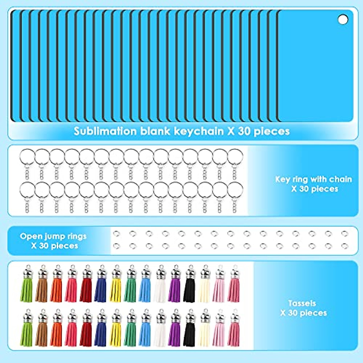 HTVRONT Sublimation Keychain Blanks Bulk - 120Pcs Sublimation Blanks Keychain with Blue Protective Film - MDF Rectangle Keychain with Tassels - Heat Transfer Keychain Blanks Double Sided