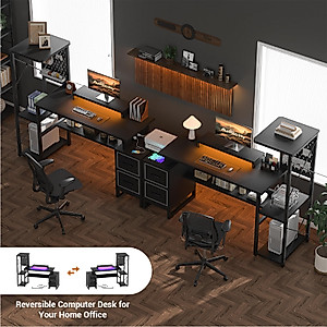 Computer Desk with 2 Fabric Drawers - Reversible Home Office Desk with Power Outlet & LED Lights, 53" Writing Desk with Monitor Stand & Storage Shelves, Gaming Desk Study Table with Pegboard, Black