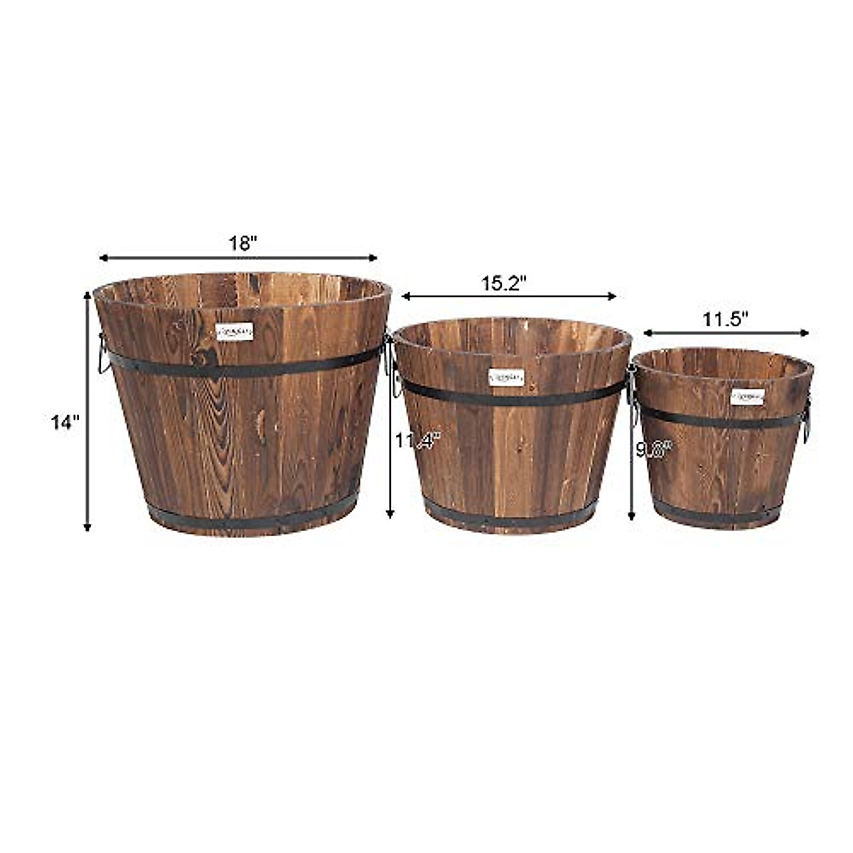 VINGLI 3 pcs Wooden Planter Barrel Set, Real Wood Indoor/Outdoor Flower Pot w/Drainage Holes, Different Sizes, Large Garden Container Box
