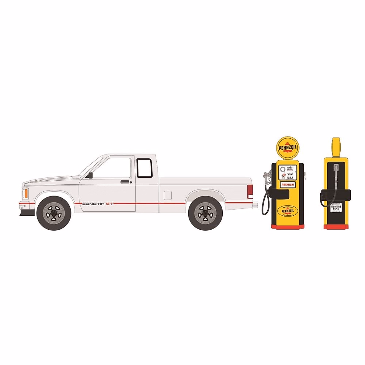 1991 Sonoma ST Pickup Truck & Gas Pump, Greenlight 97120D/48-1/64 Scale Diecast Car