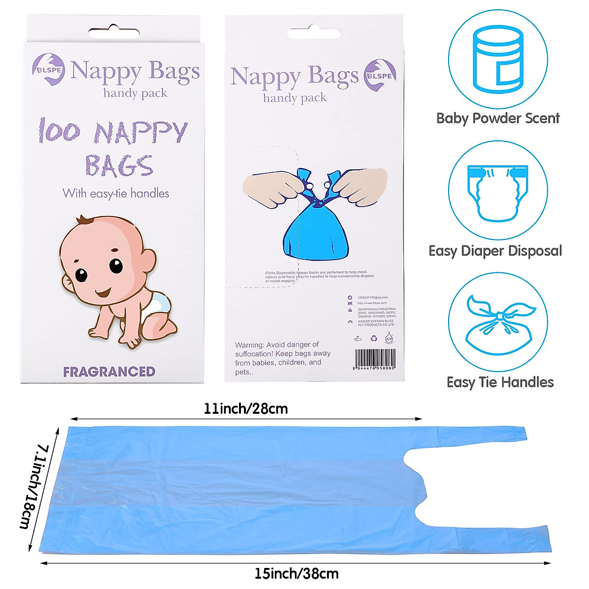 1600 Count Baby Disposable Diaper Bags Scented Diaper Sacks with Tie Handle Disposal Diaper Trash Bags Baby Poop Bags Waste Bag Refill (Blue)