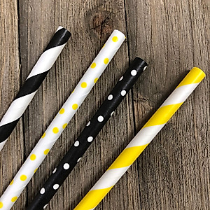 Outside the Box Papers Bee Theme Striped and Polka Dot Paper Straws 7.75 Inches 100 Pack Black, Yellow, White
