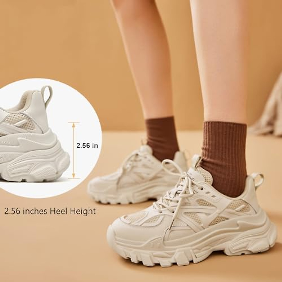 BEAU TODAY Chunky Sneakers for Women, Fashion Platform Sneakers Dad Shoes for Women, Casual Lace-up Walking Shoes Beige US 5.5