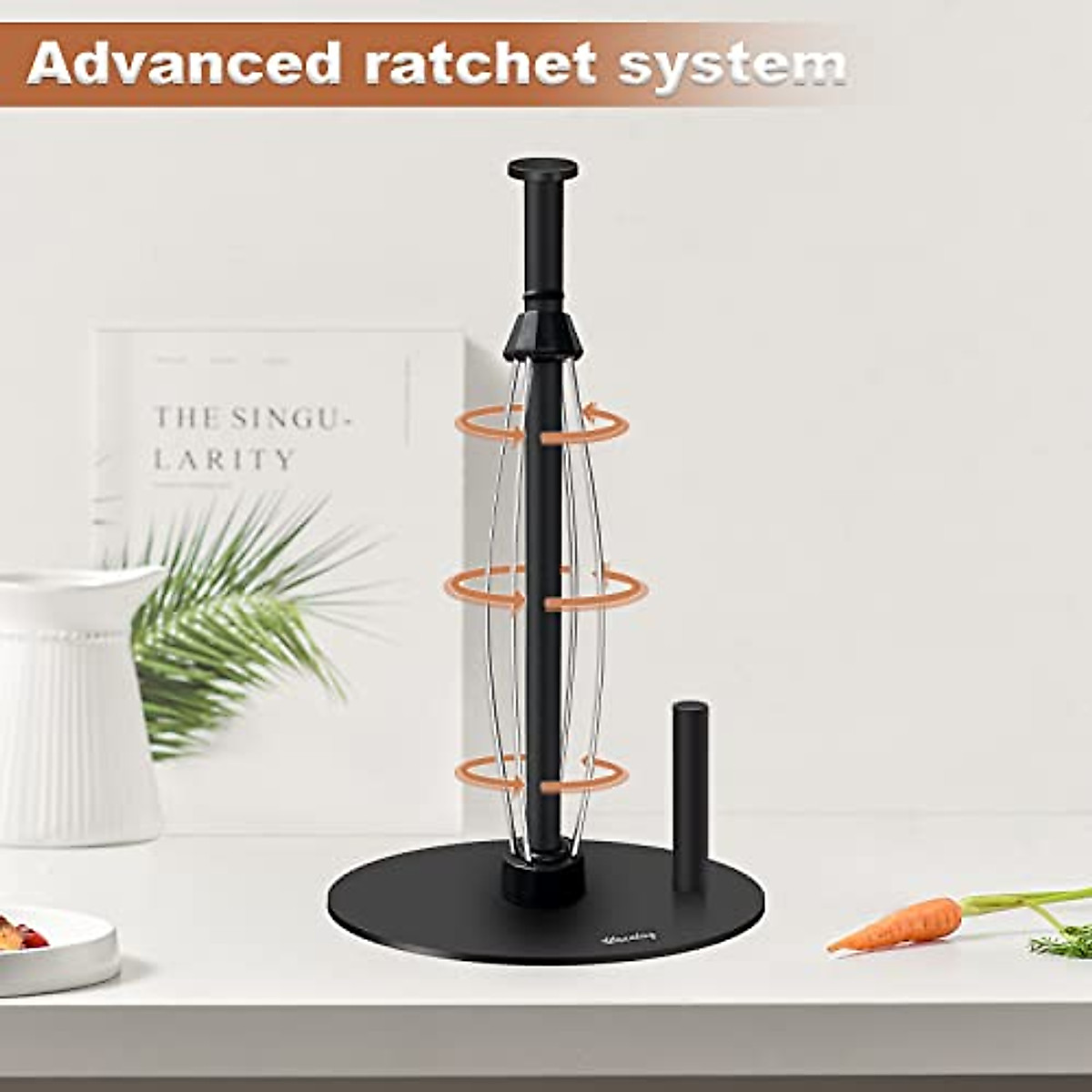 WACETOG Black Paper Towel Holder Countertop, Paper Towel Dispenser Standing Weighted Base Non Slip, Kitchen Towel Holder with Ratchet System for One Hand Tear