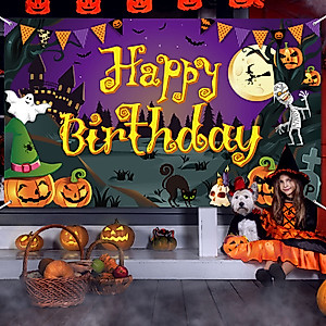 Happy Birthday Halloween Backdrop Halloween Birthday Party Background Pumpkin Ghost Spooky Castle Photography Background Halloween Party Photo Booth Banner Large Birthday Backdrops Decor, 6 x 3.6 ft