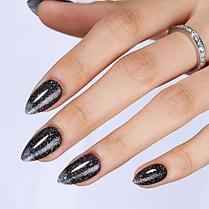 Press On Nails Short Almond, SHOWMORE Black Glitter Fake Nails Medium Sparkly Stiletto Nails Galaxy Glue On Nails False Nails with Design Stick On Nails in 12 Sizes 24 Nail Kit with Glue (Handmade)
