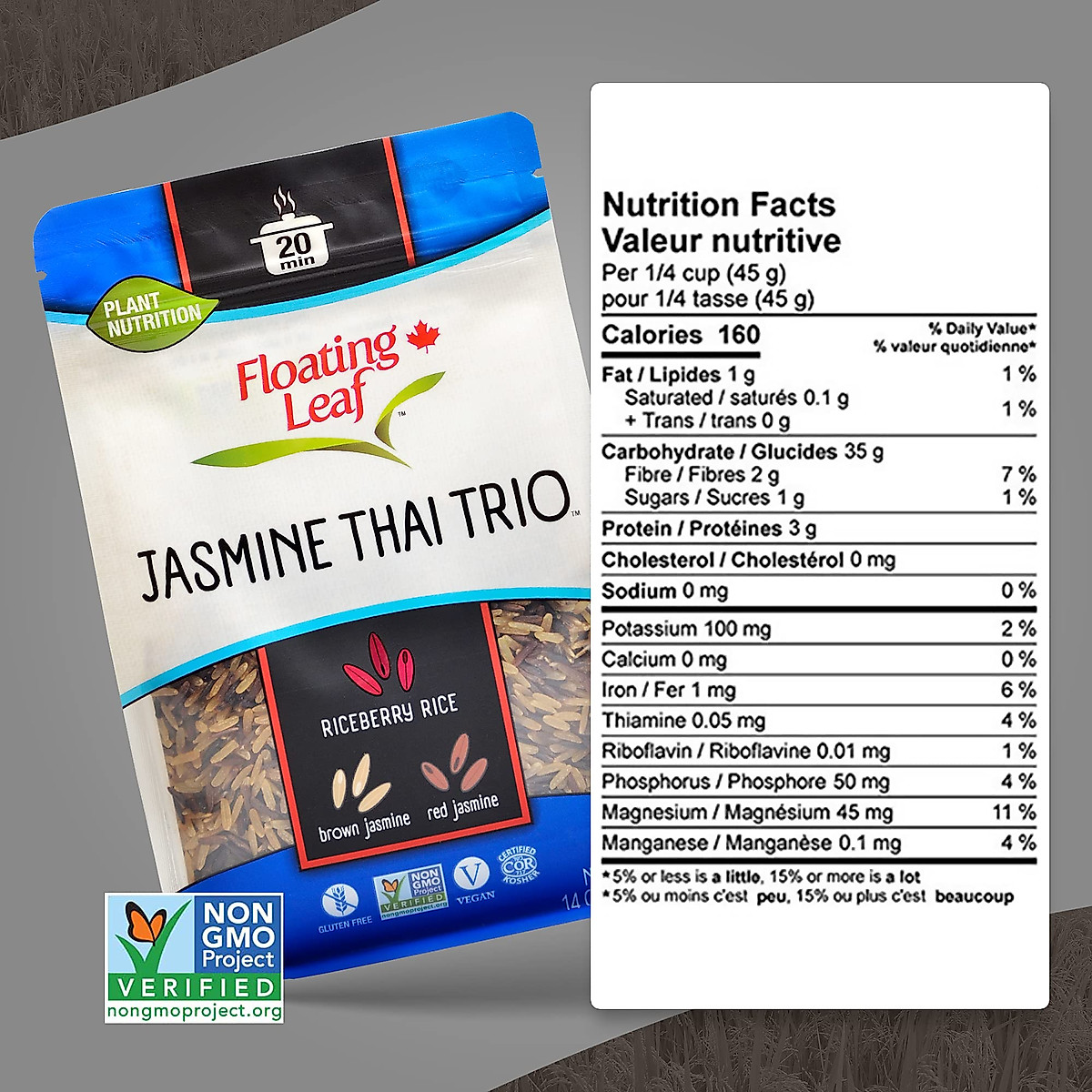 3 Packs x 14 ounces Jasmine Thai Trio, Riceberry Rice (Jasmine Black Rice), Brown Jasmine Rice and Red Jasmine Rice, Non Gluten, Non-Gmo, Kosher and Vegan - Floating Leaf