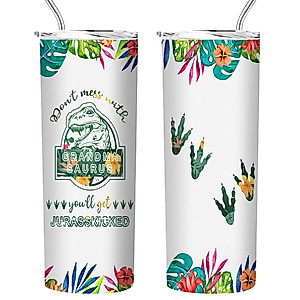 Fatbaby Funny Grandma Gifts,Grandmasaurus Tumbler Cup,Mother’s Day Birthday Christmas Gifts for Grandma,Vacuum Insulated Stainless Steel Skinny Tumbler With Lid and Straw 20oz
