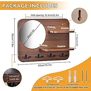 YeadCedle Coat Rack with Shelf Rustic Wooden Wall Mounted Hanging Coat Rack with Mirror Shelf and 4 Double Hooks Decorative Entryway Hook Shelf for Hallway Living Room Bedroom 16"x12" (Brown S)