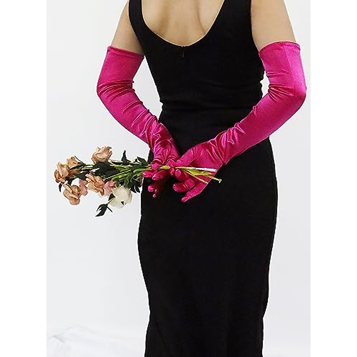 WINROLA Long Opera Party 20s Satin Gloves Stretchy Adult Size Elbow Length Wedding Bridal Gloves Halloween Party Opera Costume (Hot pink, 21.6")