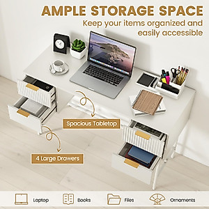 Giantex Modern Desk with 4 Drawers, 48 Inch Computer Desk with Storage, Heavy-Duty Gold Metal Frame, Makeup Vanity Dressing Table, White and Gold Desk for Bedroom Study Home Office