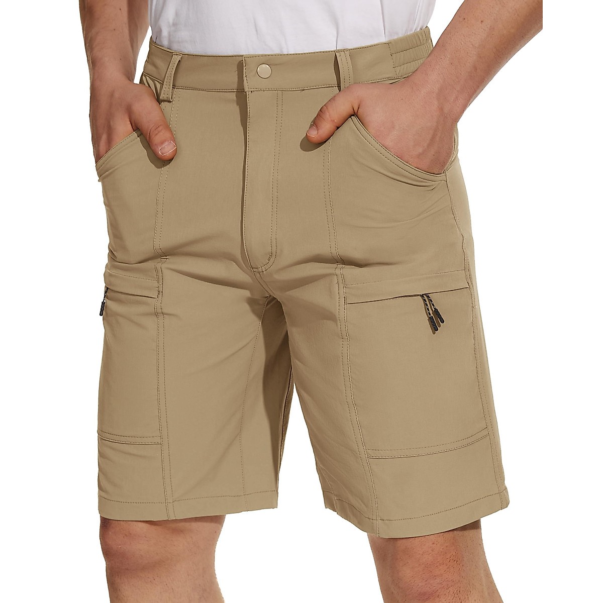 TACVASEN Hiking Shorts Men Quick Dry Water Resistant Summer Shorts for Cargo Fishing Work with 5 Zipper Pockets Khaki 38