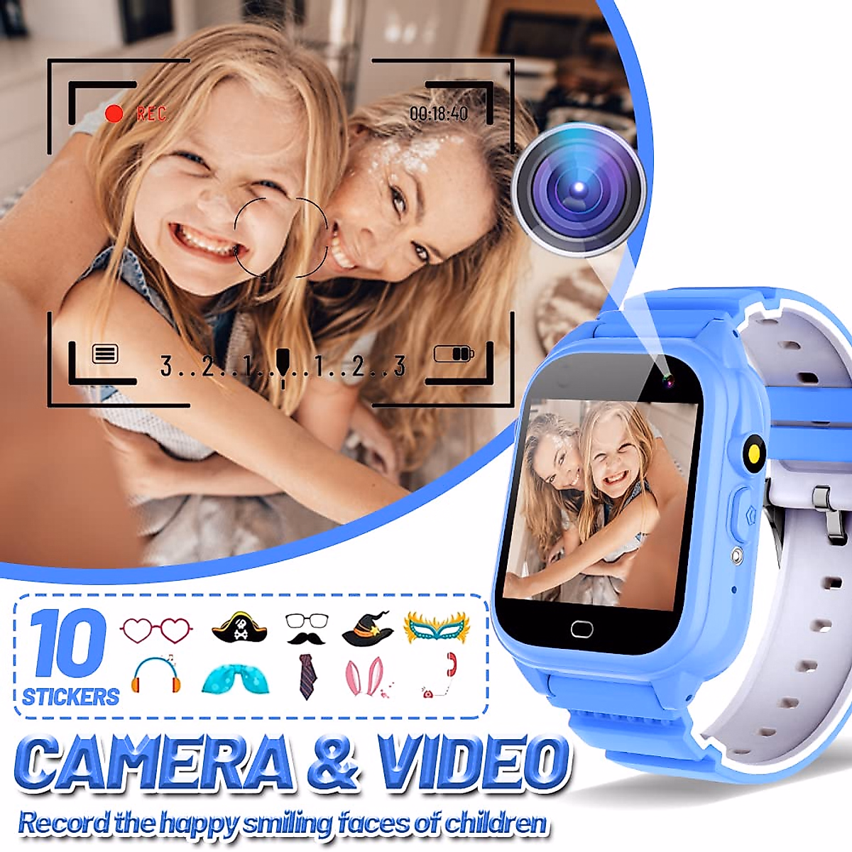 Kids Waterproof Smart Watch Girls Boys with 26 Puzzle Game 1.44" HD Touchscreen Pedometer Video Music Player Alarm Clock Flashlight Parental Control Child Learning Toys for Age 3-12