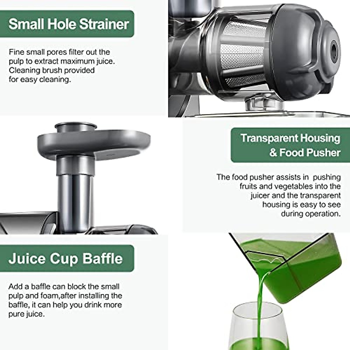 Cold Press Juicer, Aobosi Slow Masticating Juicer Machines with Reverse Function, Quiet Motor, High Juice Yield with Juice Jug & Brush for Cleaning, Gray