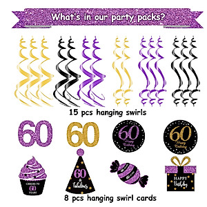 60th Birthday Decorations for Women Purple Black Gold 60 Birthday Party Decor – Foil Hanging Swirls/Women 60th Birthday Party Decorations