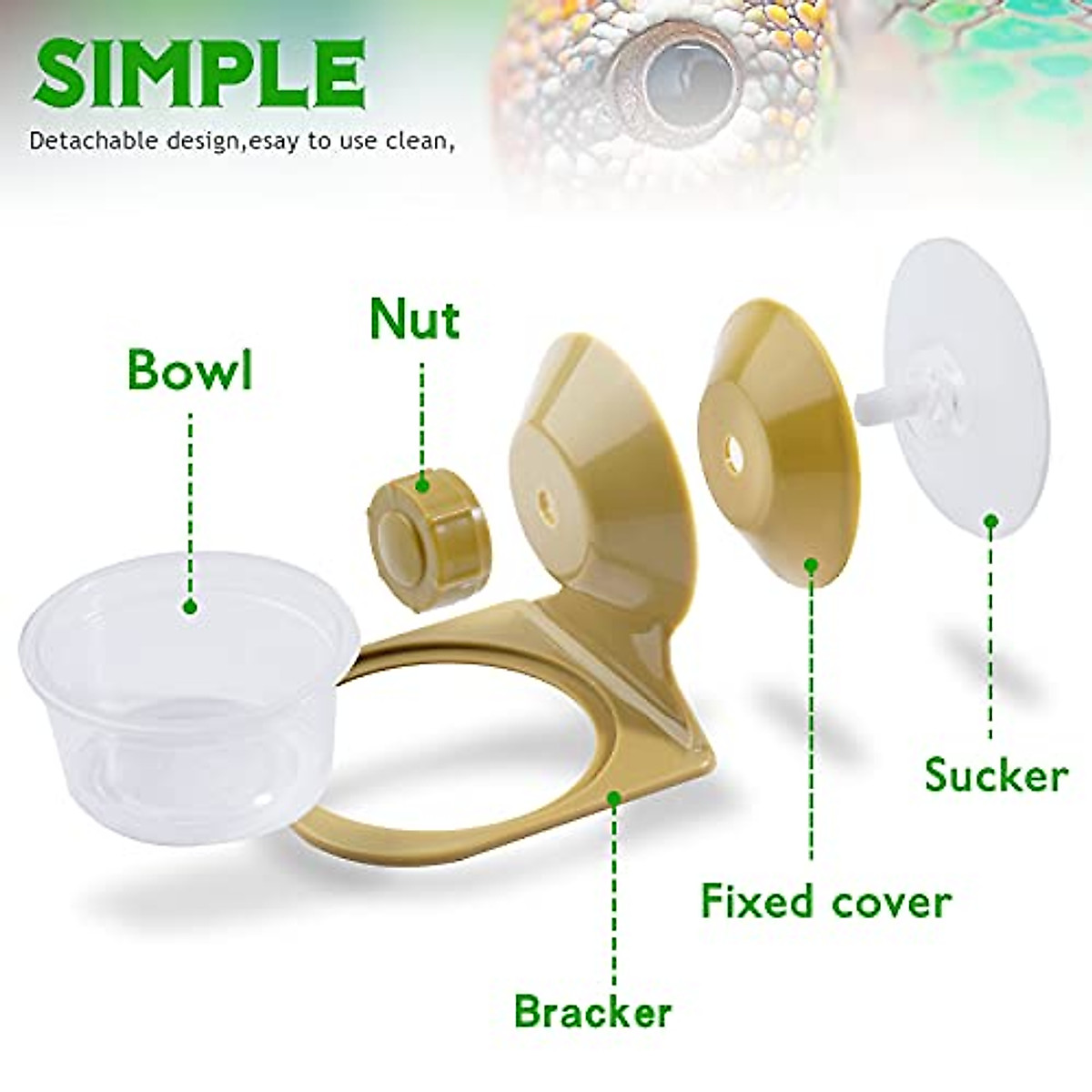 Fischuel Reptile Feeder Chameleon Lizard Feeding Cup with Suction Cup Gecko Transparent Fodder Container, Comes with 6 Packs Plastic Bowls(Adjustable Spiral Arms)