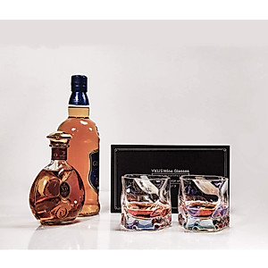 Old Fashioned Whiskey Glasses Set of 2, 10oz Colorful Rock Glasses with 2 Coasters, Couple Whiskey Tumbler Set, Cool Design Cocktail Bourbon Scotch Glasses Gifts for Men, Perfect Whiskey Gifts for Him