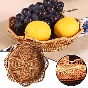 2 Pack Rattan Round Fruit Baskets Wicker Storage Bowls,Woven Serving Basket Bowls Decorative Baskets For Kitchen Counter Organizing (Khaki)