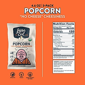 LesserEvil No Cheese Cheesiness Organic Popcorn, Premium Quality, Minimally Processed, No Vegetable Oil, 4.6 Oz, Pack of 3.
