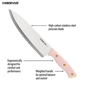 Farberware 15-Piece Triple Riveted Acacia Knife Block Set, High Carbon-Stainless Steel Kitchen Knives with Ergonomic Handles, Razor-Sharp Knife Set, Blush and Gold