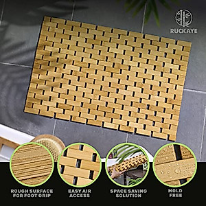 Ruckaye Bamboo Bath Shower Mat 24x16 Inches with Silicone Grip Pads – Foldable, Waterproof, Slip Resistant for Bathroom, Sauna, Spa, Kitchen & Outdoors– Environment Friendly