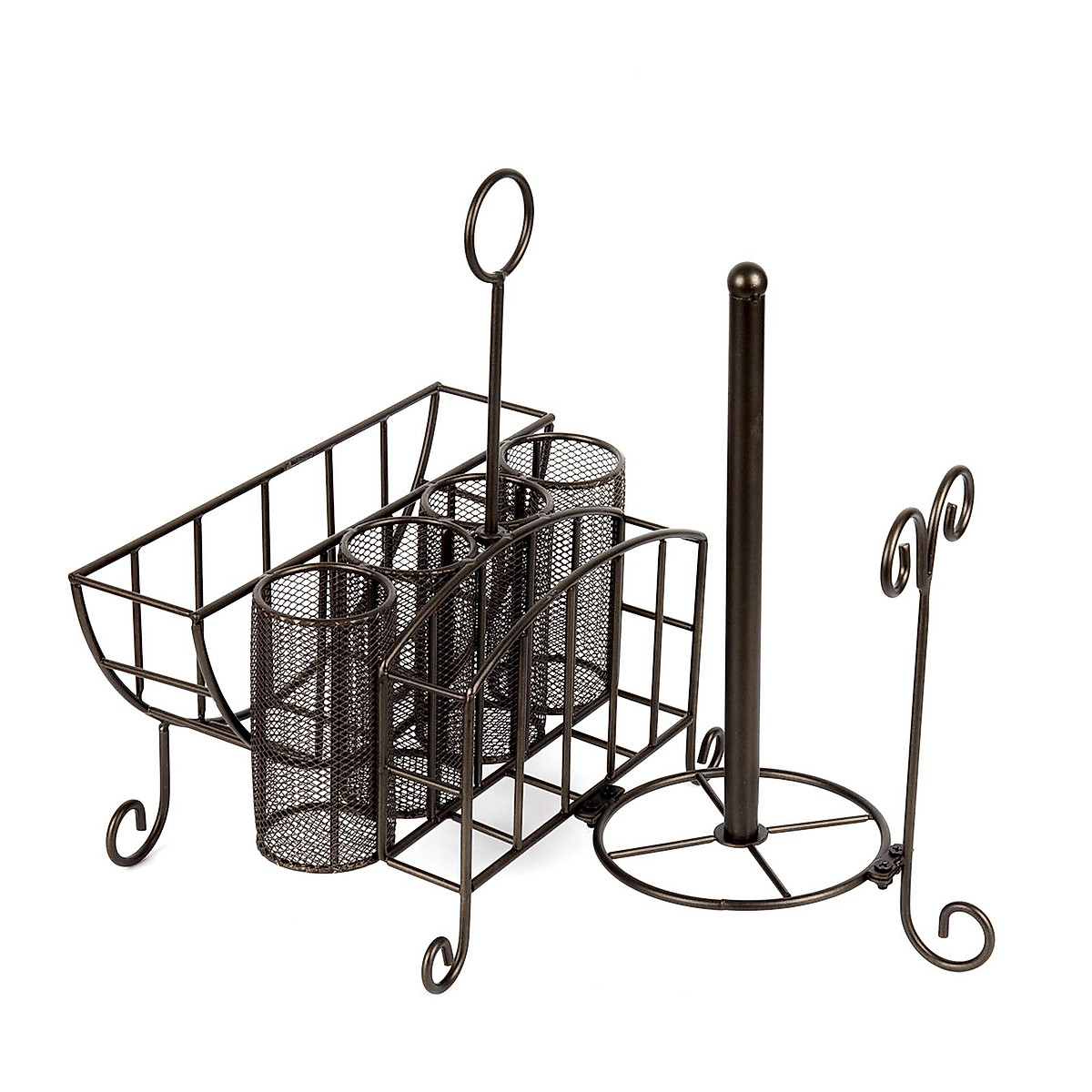 VANRA Metal Rack Flatware Caddy Buffet Caddy Organizer for Silverware, Plates, Utensils, Flatware, Napkins, Cutlery with Paper Towel Holder, Loop Handle