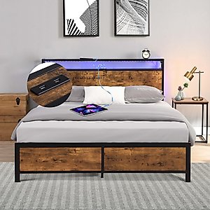 Tatub Full Size Bed Frame with Charging Station and LED Lights, Metal Platform Bed Frame with 2-Tier Storage Headboard & USB Ports, Solid Wood Slats, 11 Strong Legs Support, Noise-Free, Vintage Brown