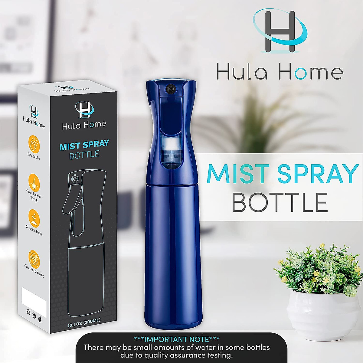 Hula Home Continuous Spray Bottle for Hair (10.1oz/300ml) Empty Ultra Fine Plastic Water Mist Sprayer – For Hairstyling, Cleaning, Salons, Plants, Essential Oil Scents & More - Blue