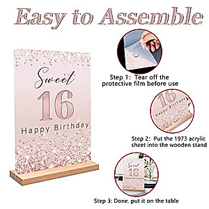 Vlipoeasn Sweet 16 Birthday Table Decoration for Girls, Rose Gold Glitter 16th Happy Birthday Poster, Sweet 16 Acrylic Table Sign with Wooden Stand, 16 Years Old Birthday Centerpieces