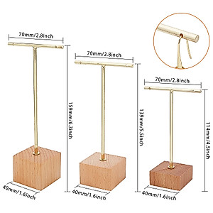 FINGERINSPIRE 3 Pcs Gold Metal T Bar Earring Display Stand 6.3/5.5/4.5 Inch Height Jewelry Stand with Wooden Square Base Earring Hanging Holders Jewelry Organizer for Store Retail Photography Props