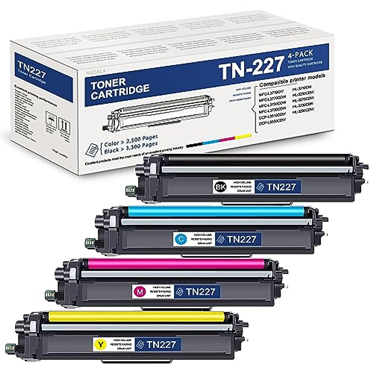 4 Pack TN227 BK/C/M/Y Toner Cartridge High Yield (TN-227BK, TN-227C, TN-227M, TN-227Y) Replacement for Brother TN-227 Works with MFC-L3710CW MFC-L3770CDW HL-3210CW HL-3270CDW Printer Toner