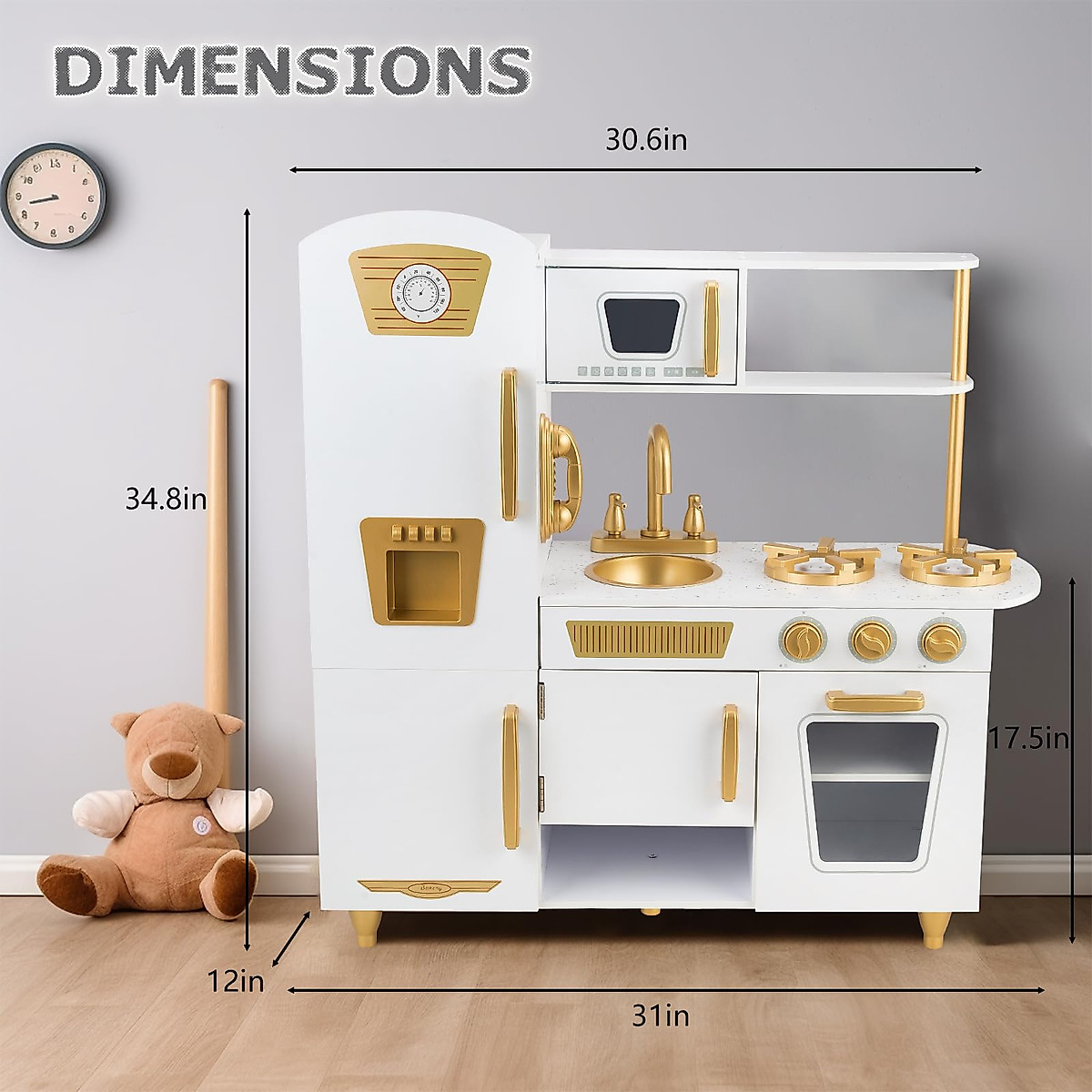 WoodenEdu Kitchen Playset for Kids Ages 3-8, Wooden Pretend Play Kitchen, Incloud Telephone, Ice Maker, Refrigerator, Dimensions: 35” H x 31” W x 12” D (White)
